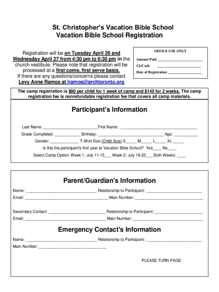 Fillable Online Vacation Bible School - Chester - St. Christopher's ...