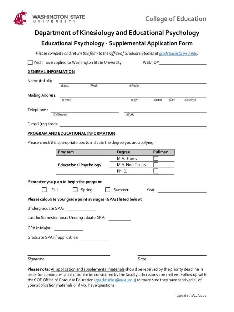 Fillable Online Educational Psychology - Supplemental Application Form ...