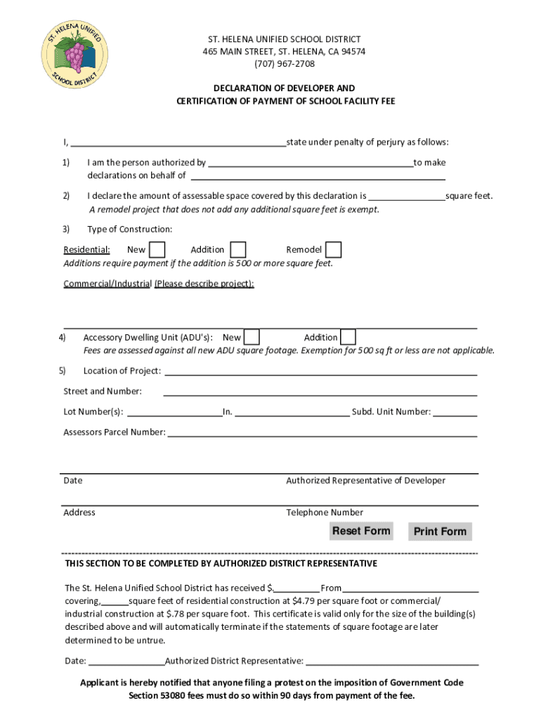 Fillable Online Reset Form Print Form - St. Helena Unified School ...
