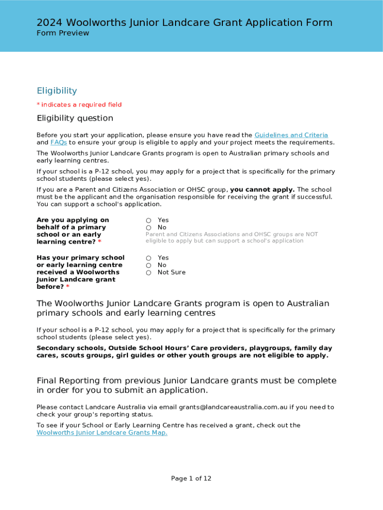 Fillable Online 2024 Woolworths Junior Landcare Grant Application Form ...