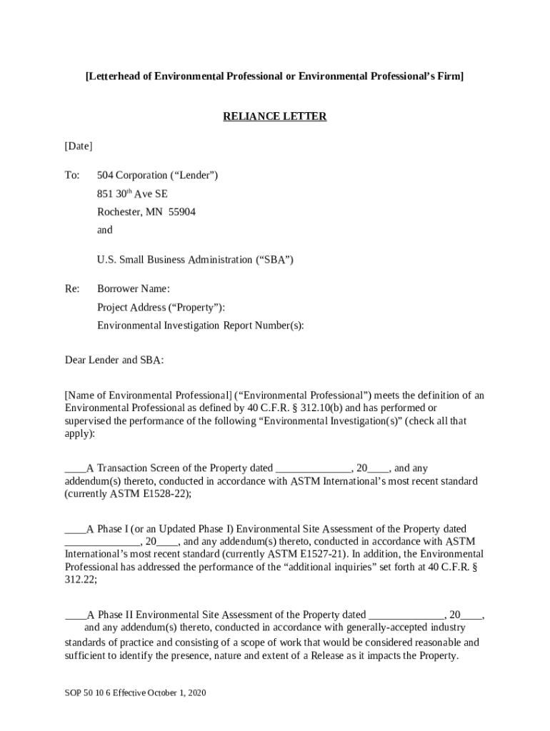 Environmental Reliance Letters: Key Facts and Benefits Doc Template | pdfFiller