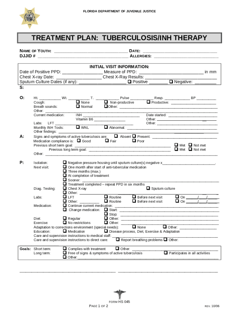 Treatment Plan Tuberculosis INH Therapy Doc Template | pdfFiller
