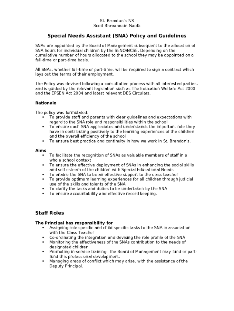 Saint Brendan's College Special Educational Needs Policy Doc Template | pdfFiller