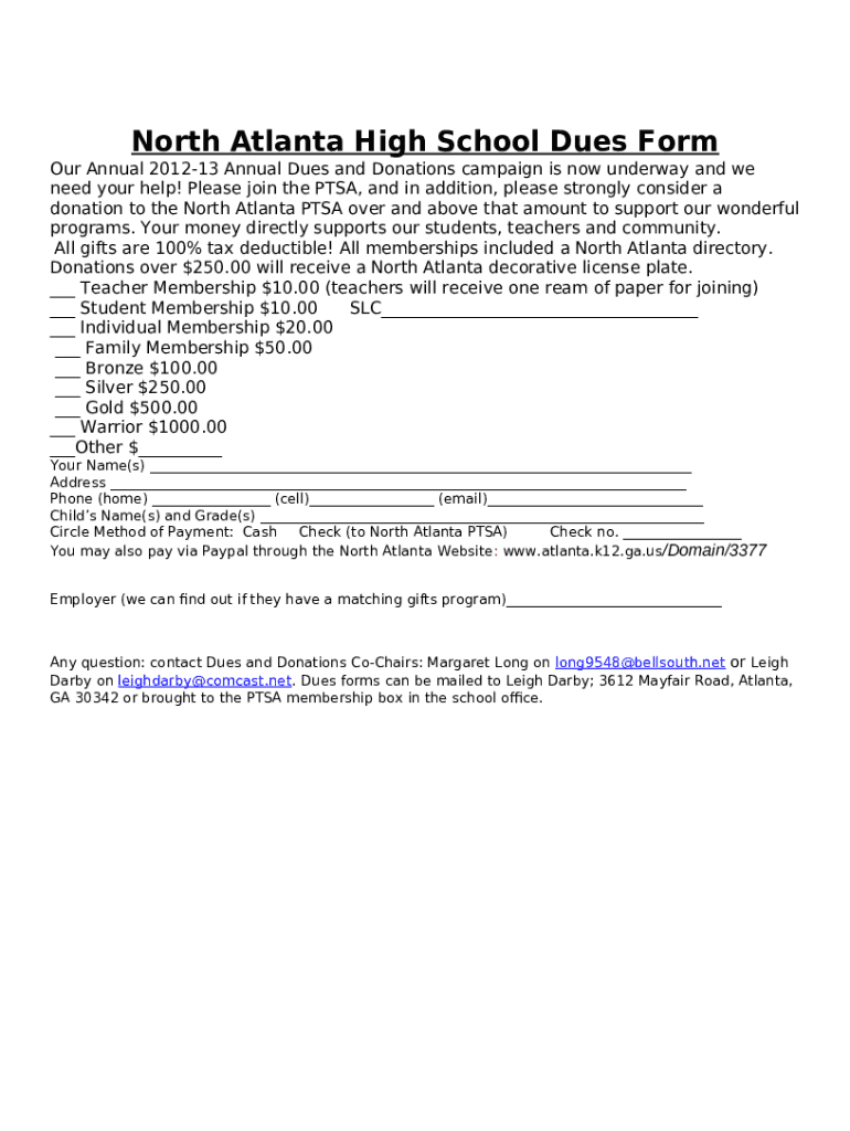 North Atlanta High School Dues Doc Template | pdfFiller