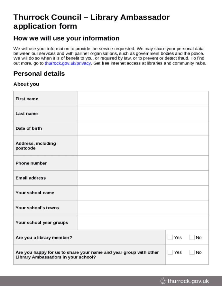 Library Ambassador application Doc Template | pdfFiller