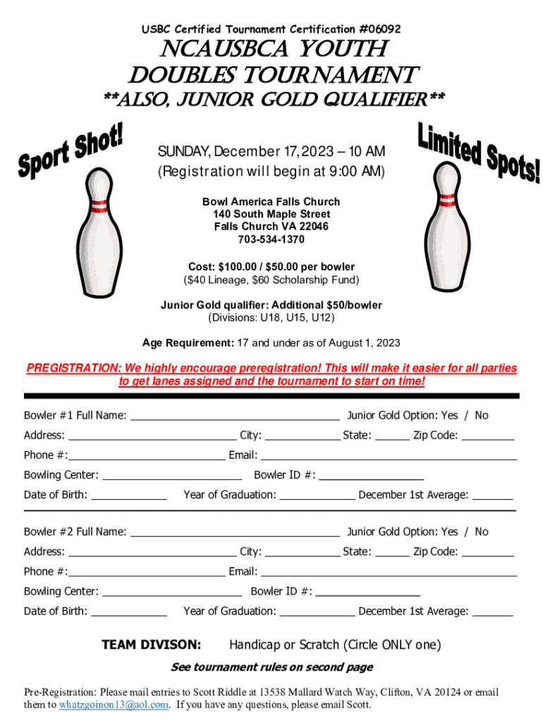 Fillable Online National Youth Bowling Tournament IndexStill Time to ...