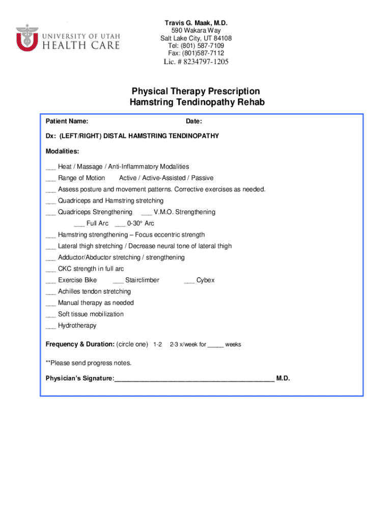 Fillable Online Physical Therapy Prescription Distal Hamstring Injury ...