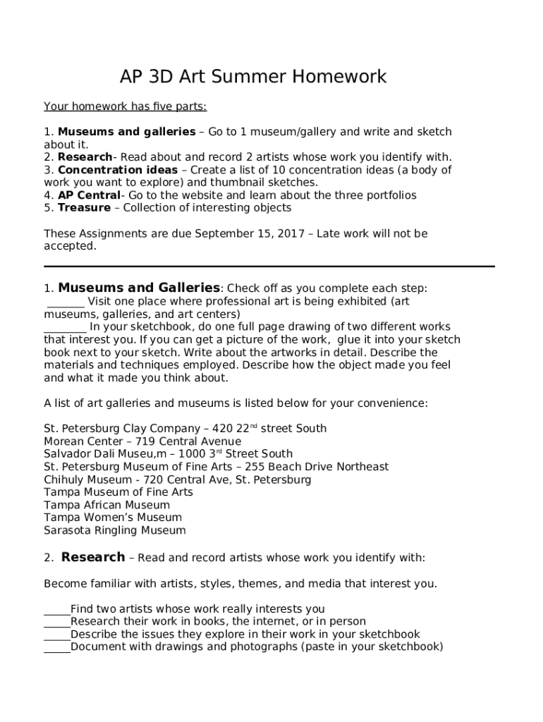 AP Studio Art 3D Required Summer Assignments Doc Template | pdfFiller