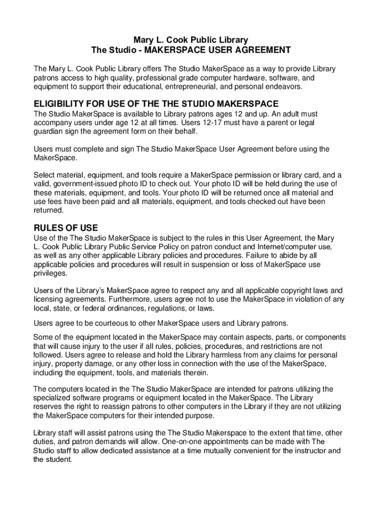 Fillable Online 1 The Studio MakerSpace Agreement ... Fax Email Print - pdfFiller