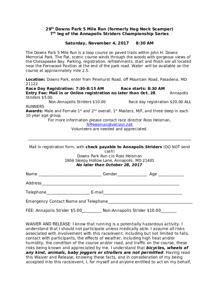 Annapolis Striders Downs Park 5 Mile Run Doc Template | pdfFiller