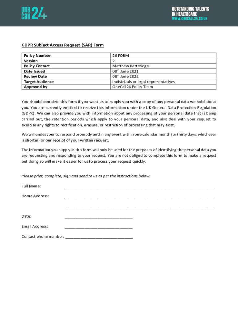 Fillable Online onecall24 co GDPR Subject Access Request (SAR) Form Fax ...
