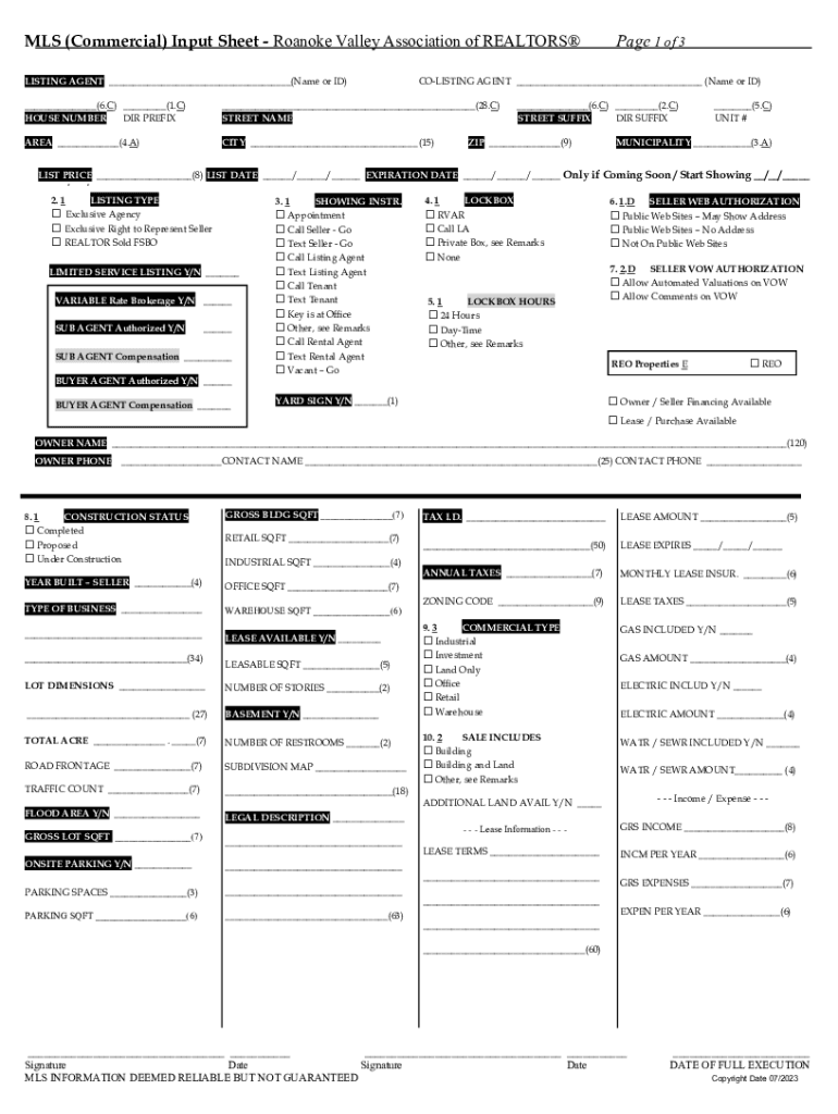 Fillable Online MLS (Commercial) Input Sheet - Roanoke Valley ...