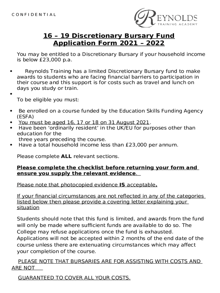 19 Discretionary Bursary Fund Application 20212022 Doc Template | pdfFiller
