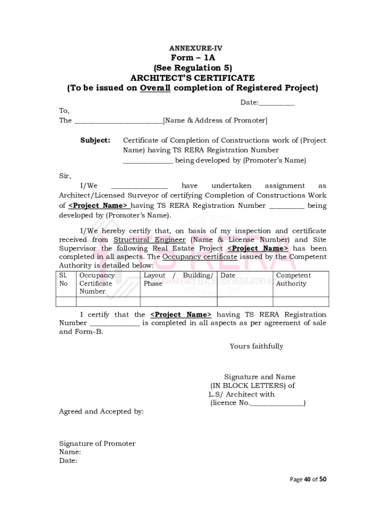 Fillable Online 1A (See Regulation 5) ARCHITECT'S CERTIFICATE (To ...