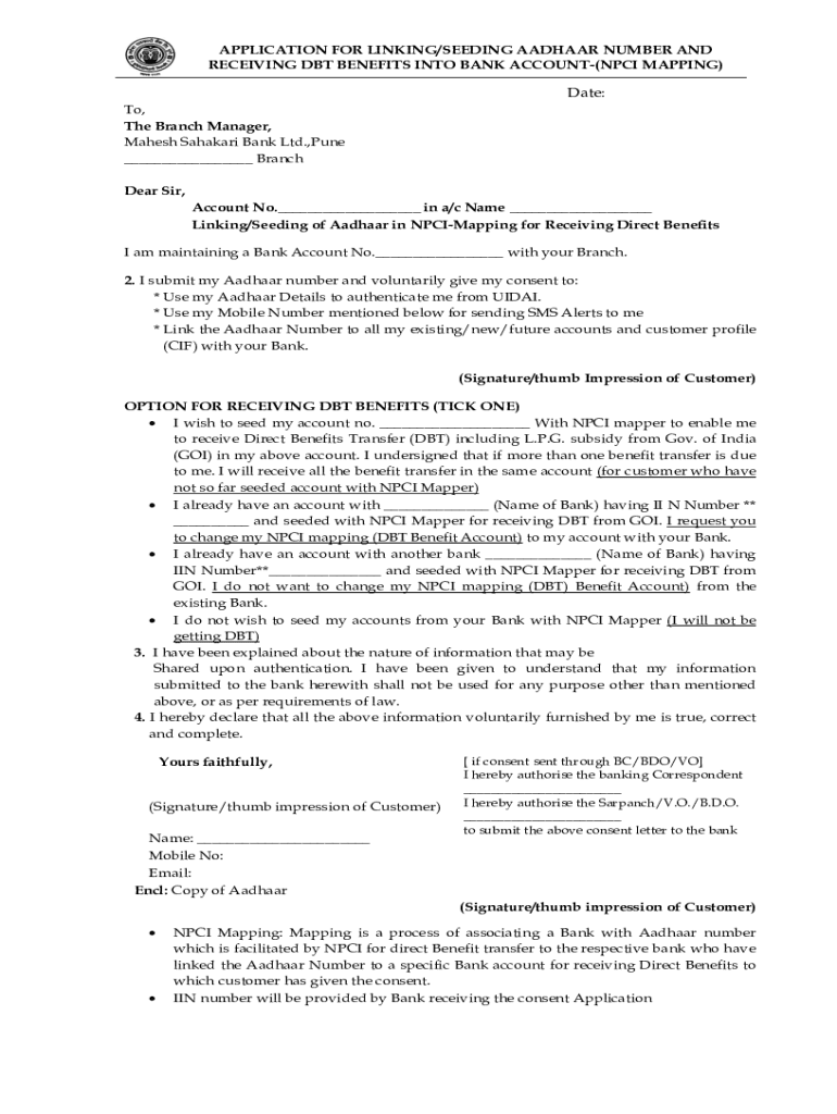 Fillable Online application for linking /seeding aadhar number and Fax Email Print - pdfFiller