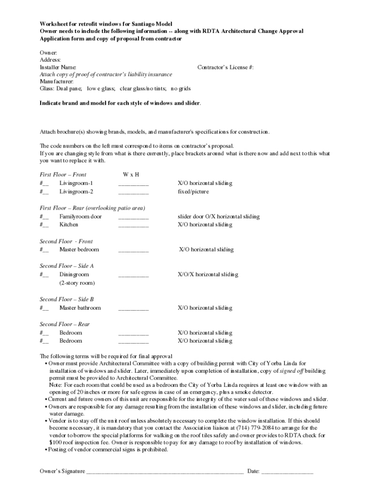Fillable Online Worksheet for retrofit windows for Santiago Model Owner ...