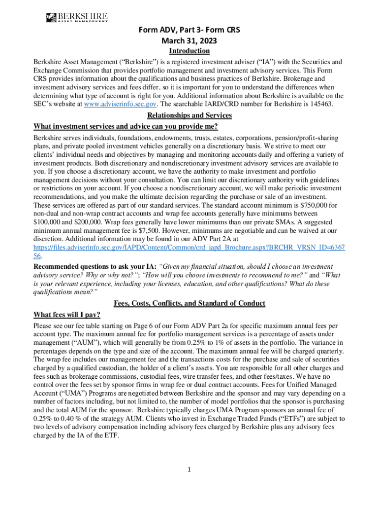 Fillable Online Form ADV, Part 3- Form CRS March 31, 2023 Fax Email ...