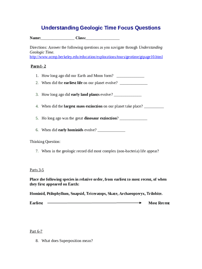 Understanding Geologic Time/ Focus Questions Key Doc Template | pdfFiller