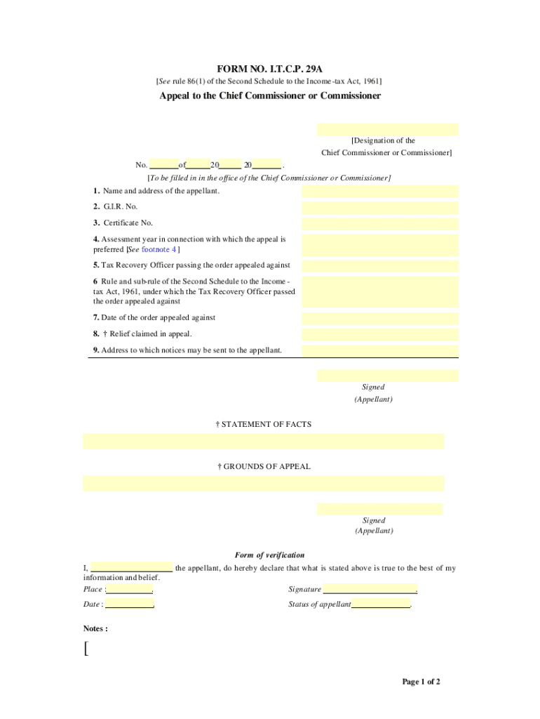 Fillable Online Fillable Online FORM NO. I.T.C.P. 29A Appeal to the ...