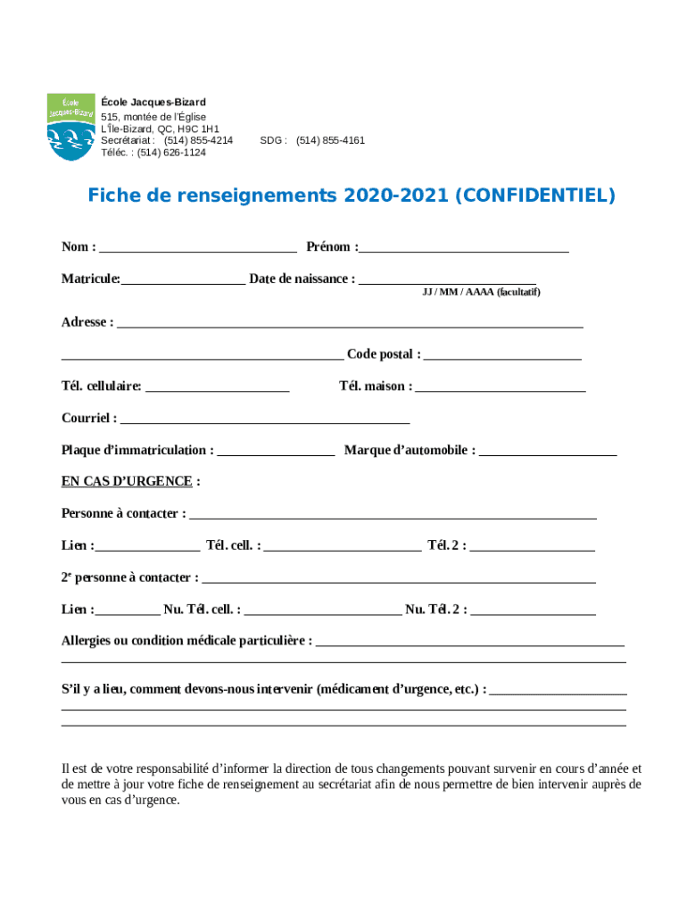 Fiche de renseignement du personnel - cole Jacques-Bizard Doc Template ...