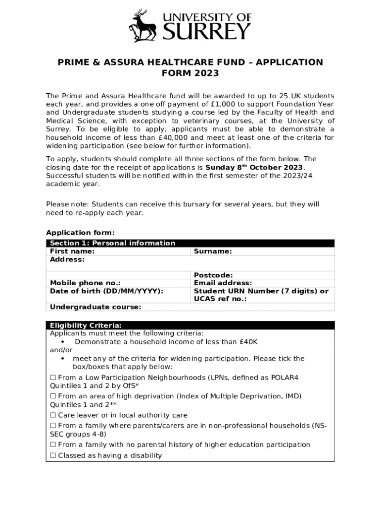 prime & assura healthcare fundapplication 2023 Doc Template | pdfFiller