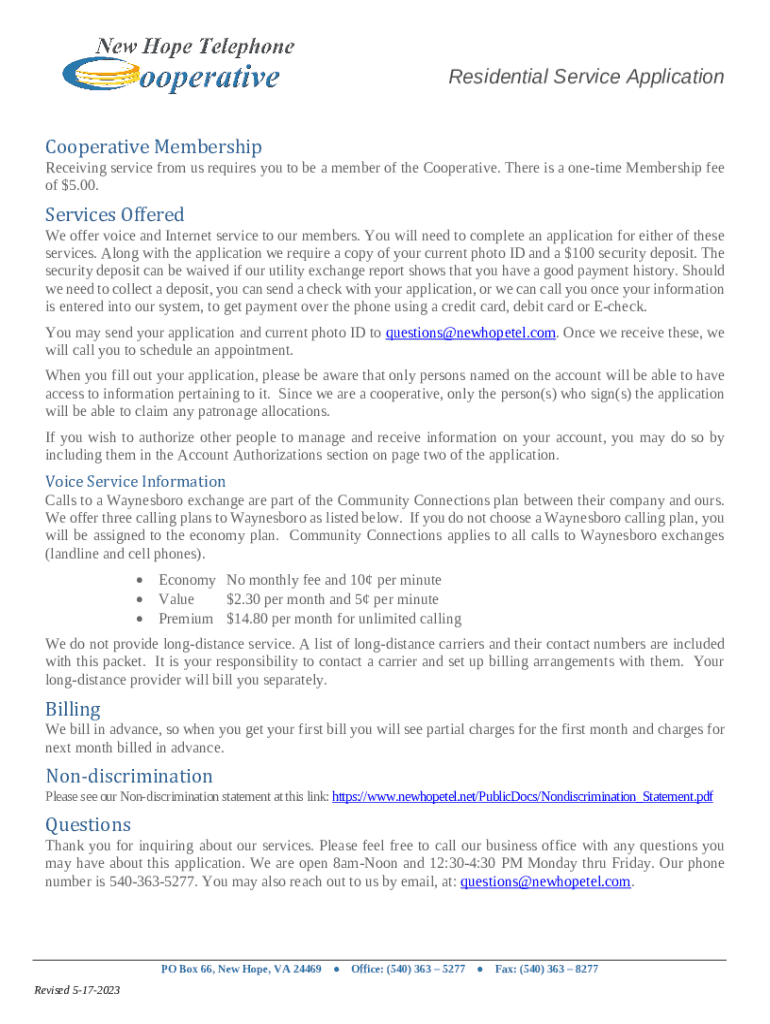 Fillable Online Residential Service Application Cooperative Membership ...