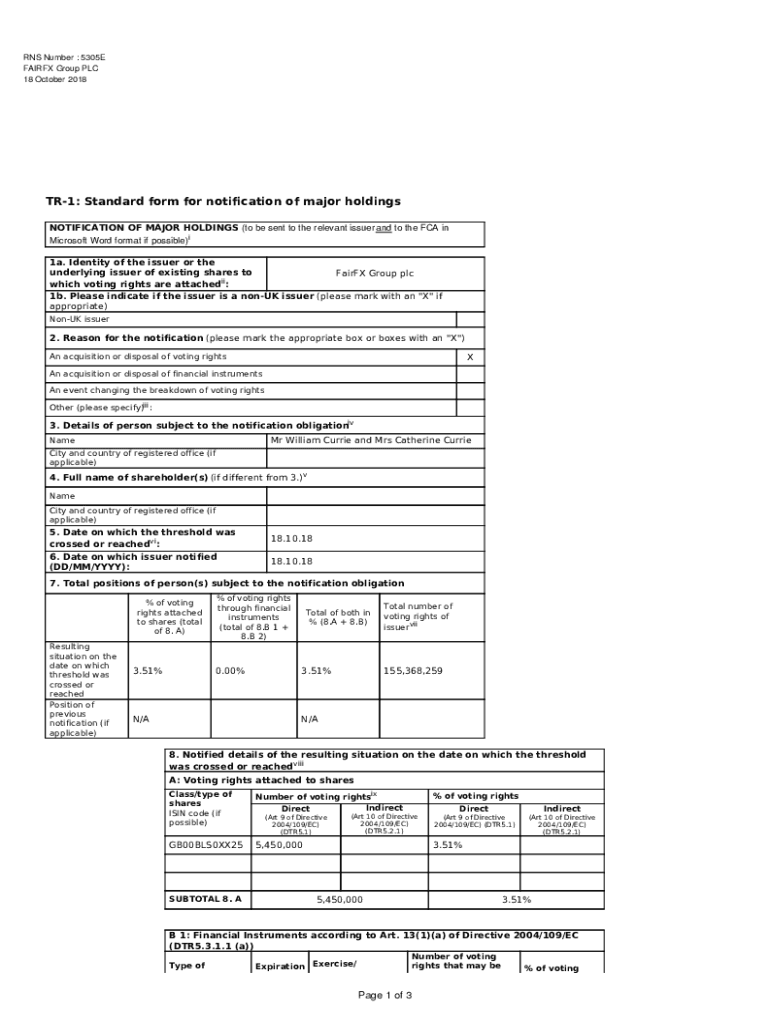 Fillable Online Standard form for notification of major holdings ...