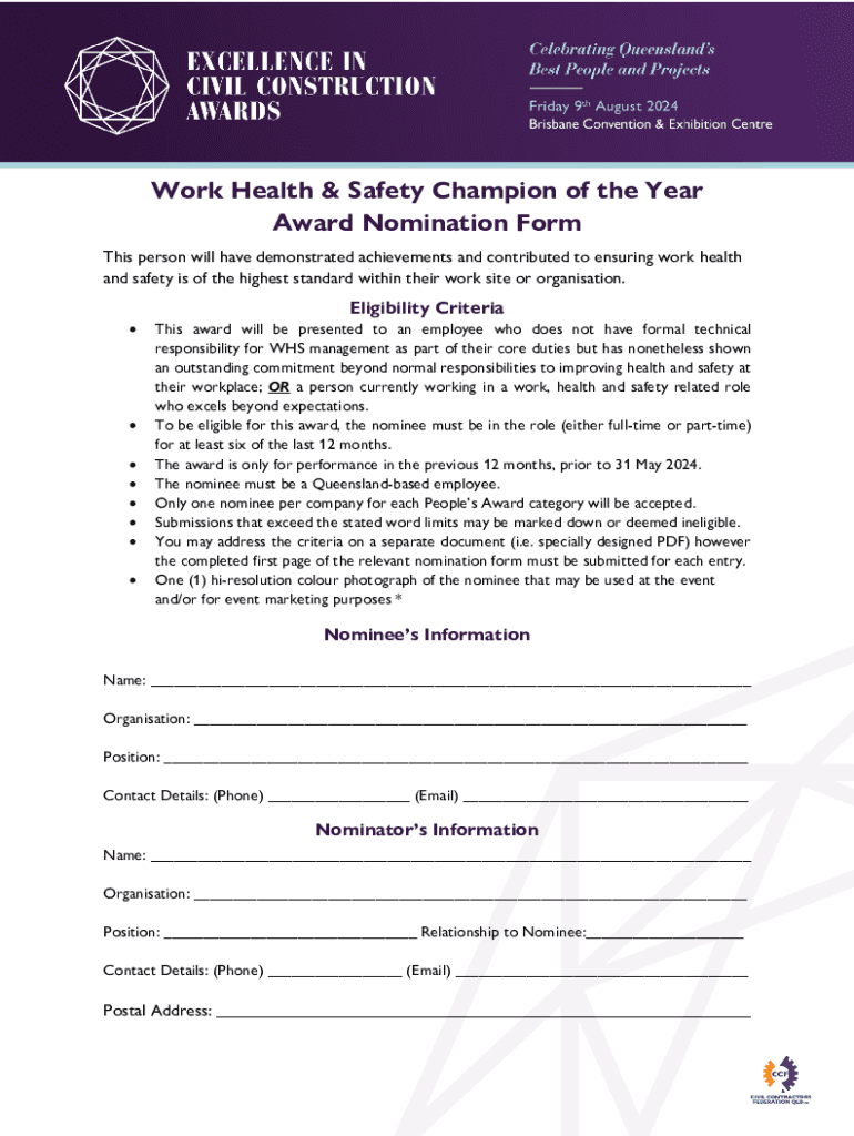 Fillable Online SAFE Work Awards Nomination Form Fax Email Print ...