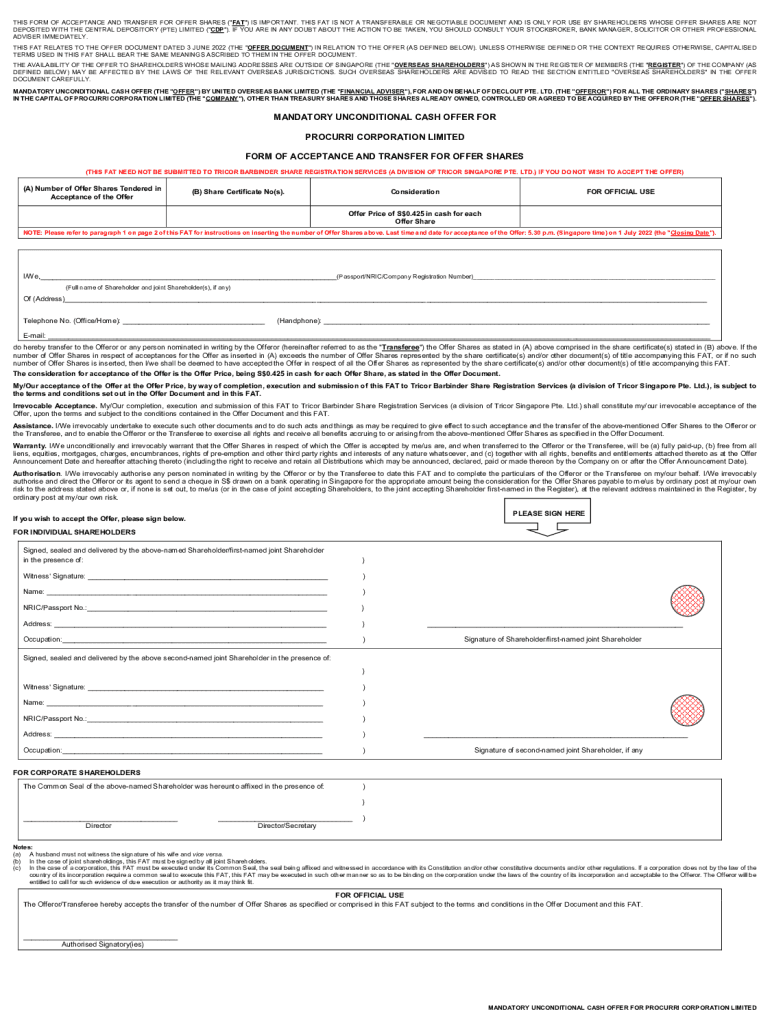 Fillable Online this form of acceptance and authorisation for offer ...