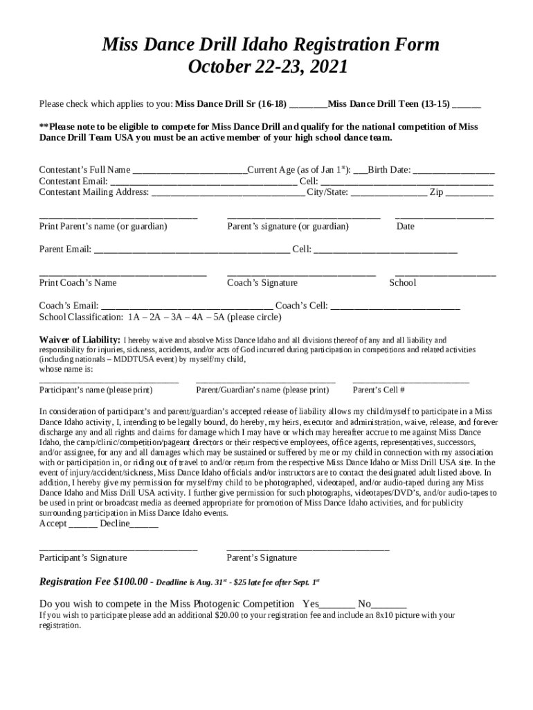 Miss Drill Utah Registration Doc Template | pdfFiller