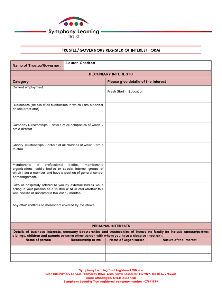 Fillable Online TRUSTEE/GOVERNORS REGISTER OF INTEREST FORM Fax Email ...