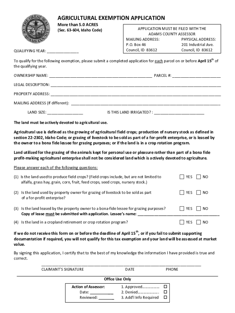Fillable Online Agricultural Exemption Form - over 5 acres - Nez Perce ...