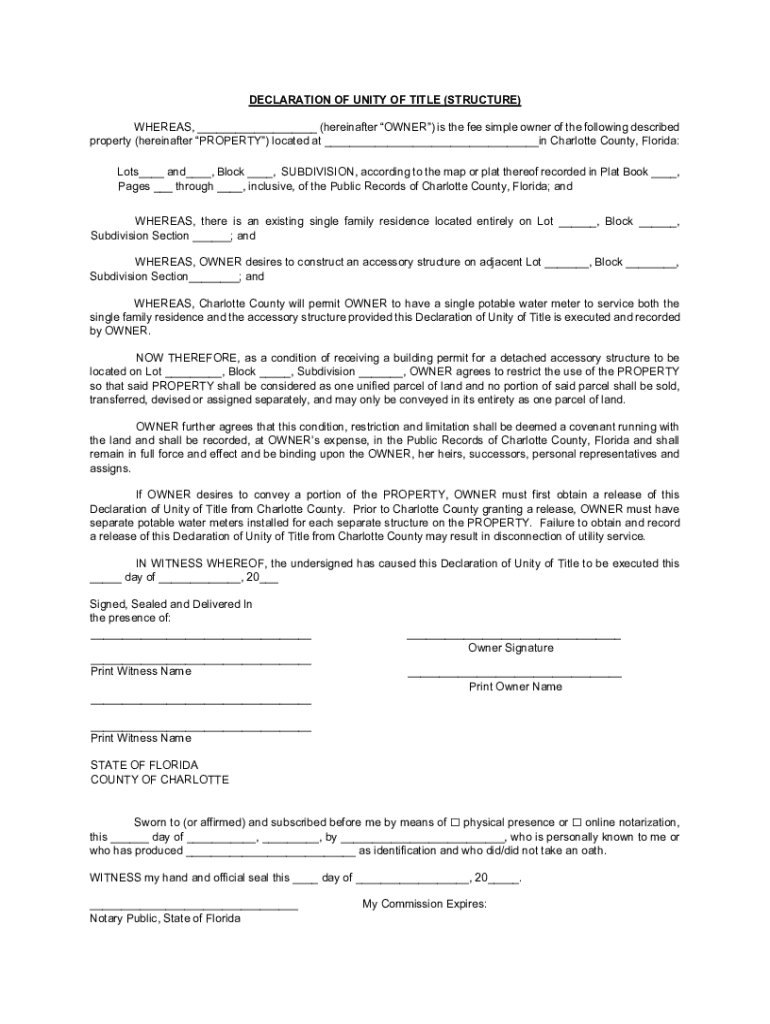 Fillable Online Declaration of Unity of Title (No Structure) Fax Email ...