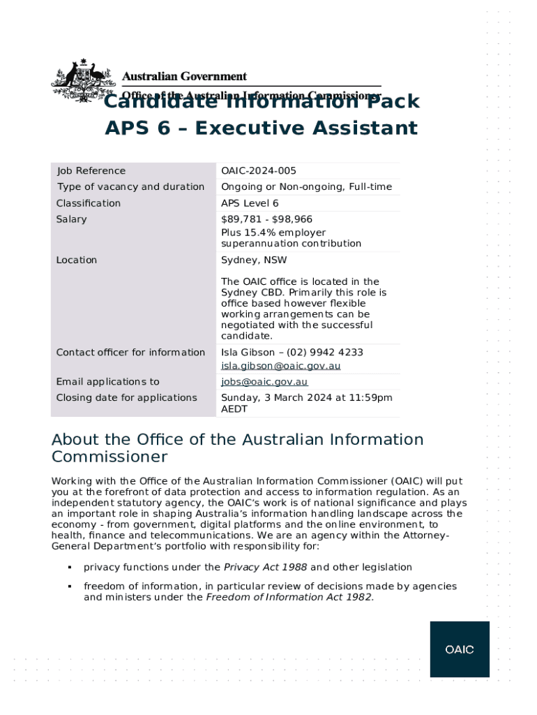 Candidate Ination Pack APS 6Executive Assistant Doc Template | pdfFiller