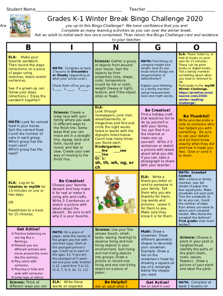 White Blue Winter Break Bingo Challenge Worksheet Doc Template | pdfFiller