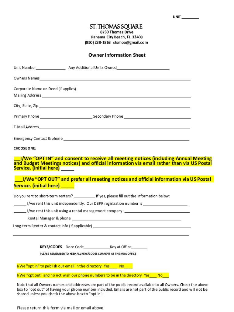 Fillable Online Owner Information Sheet - St. Thomas Square Fax Email ...
