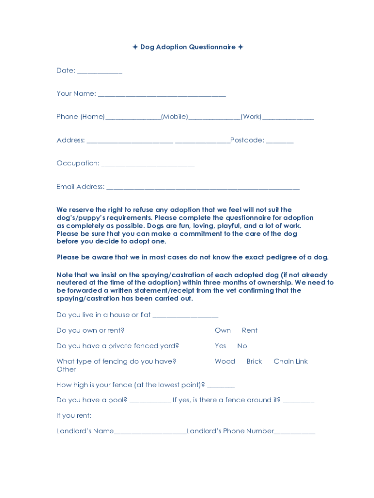 Fillable Online Dog Adoption Questionnaire Date:Your Name Fax Email ...