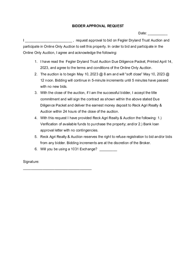 Fillable Online request approval to bid on Fegler Dryland Trust Auction ...