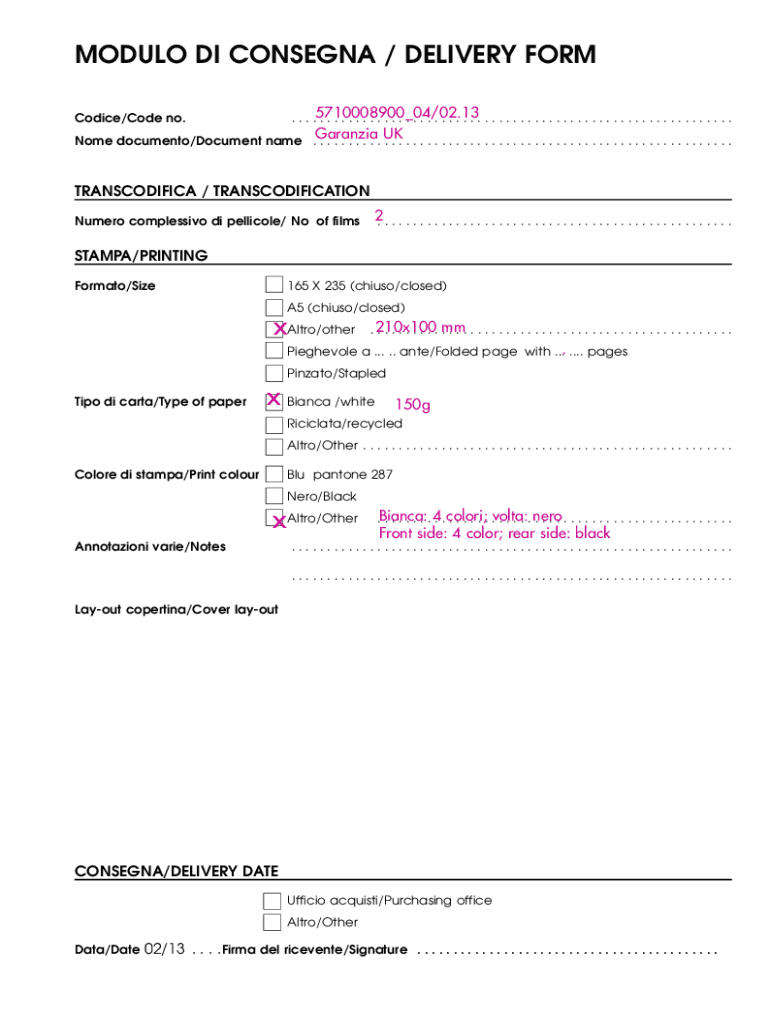 Fillable Online modulo di consegna / delivery form Fax Email Print - pdfFiller