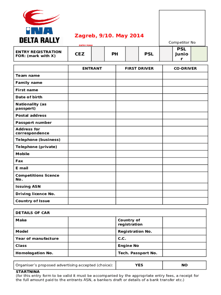 ENTRY REGISTRATION FOR: (mark with X) Doc Template | pdfFiller