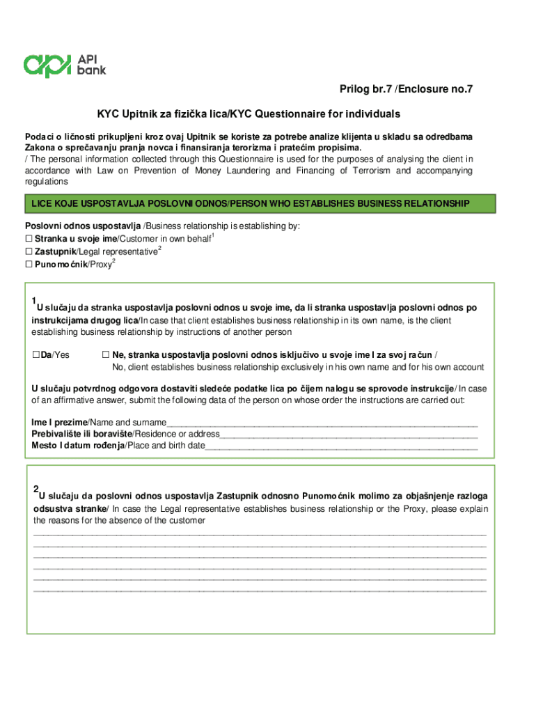Fillable Online Prilog br.7 /Enclosure no.7 KYC Upitnik za fizika lica ...