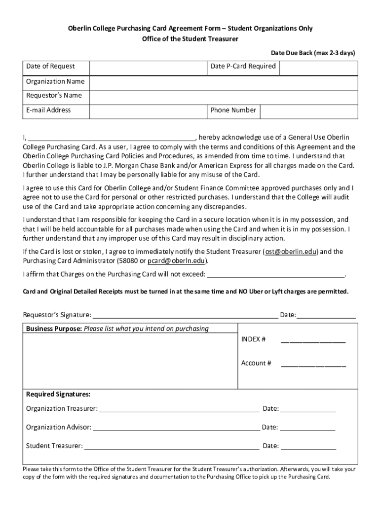 Fillable Online Oberlin College Purchasing Card Agreement Form Fax ...