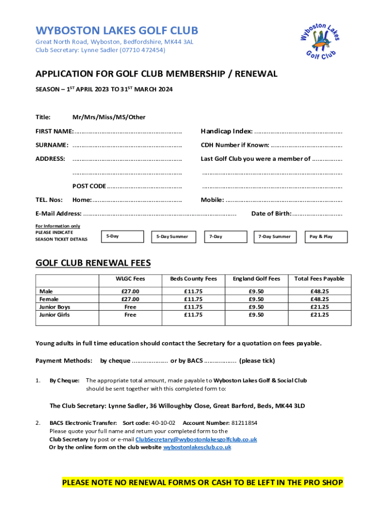 Fillable Online Club Membership Form 2023-2024 - Wyboston Lakes Golf ...