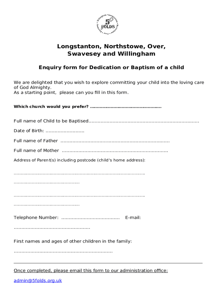 Enquiry for Dedication or Baptism of a child Doc Template | pdfFiller
