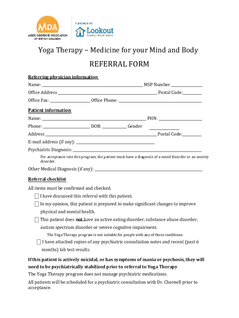 Fillable Online Yoga Therapy Medicine for your Mind and Body referral ...