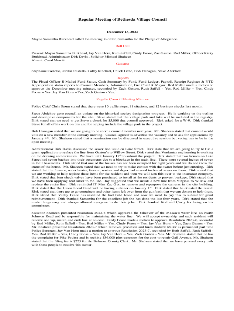 Fillable Online Present: Mayor Samantha Burkhead, Jay Van Horn, Ruth ...