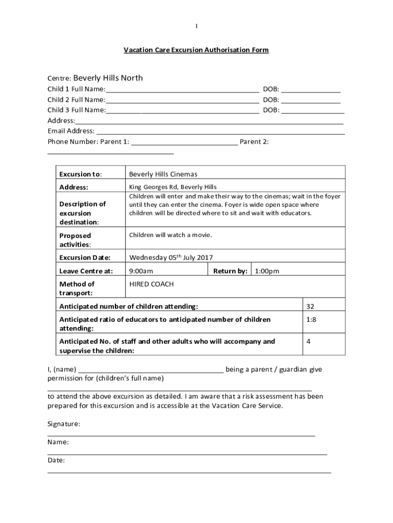 Fillable Online Beverly Hills North Vacation Care Enrolment Form Fax ...