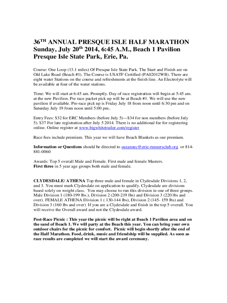 Fillable Online Runner's Notes: Presque Isle Half Marathon Sunday Fax ...