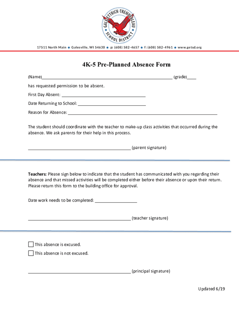 Fillable Online 4K-5 Pre-Planned Absence Form Fax Email Print - pdfFiller