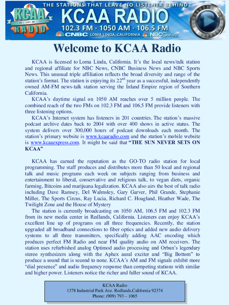 Fillable Online KCAA RADIO - . KCAA is the news-talk station and the ...